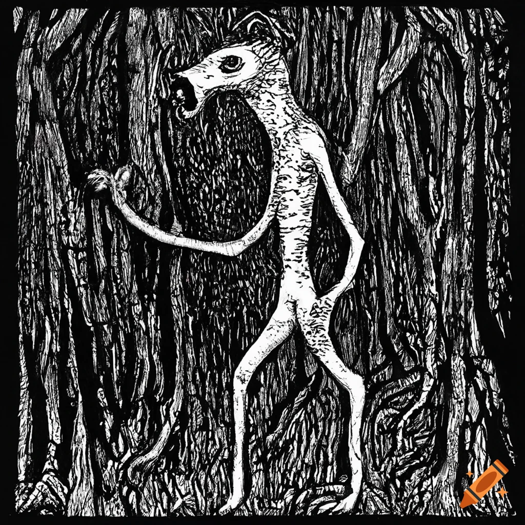 Creepy illustration of a wendigo/skinwalker in a forest on Craiyon