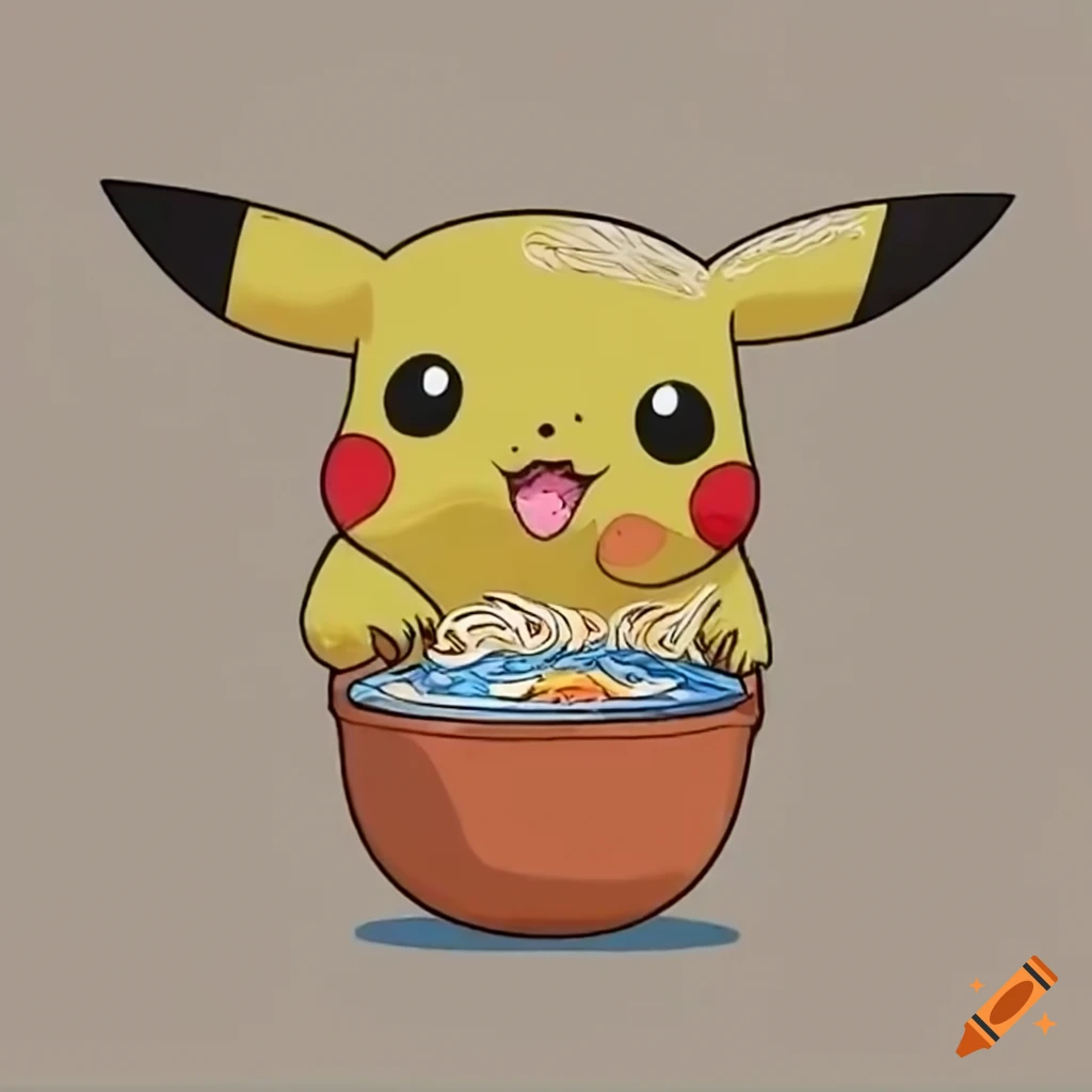 Drawing of pikachu eating ramen noodles