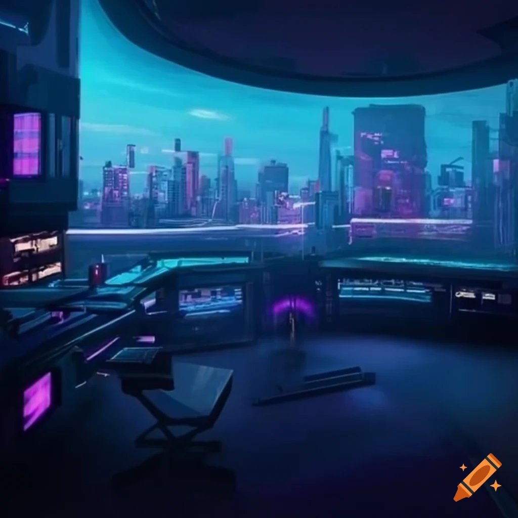 Futuristic cyberpunk study room with city view on Craiyon