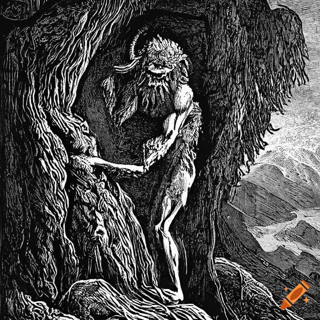 Engraving of a demon in a mountain hollow on Craiyon