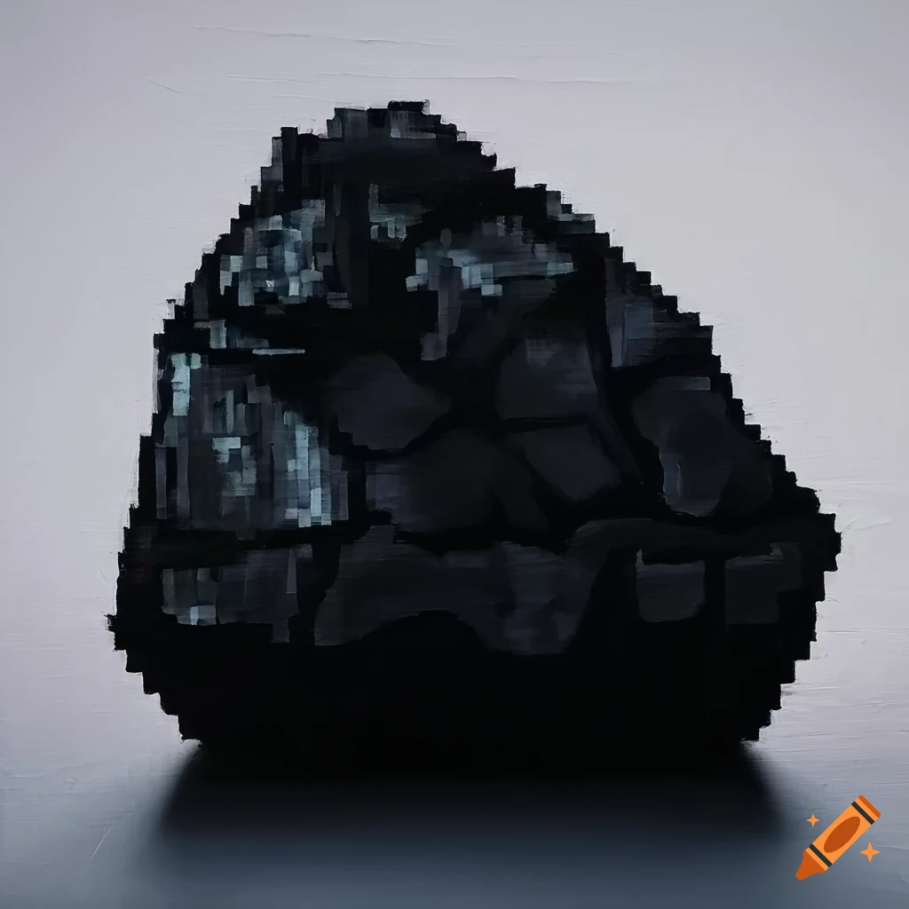 Pixelated acrylic painting of a single piece of coal