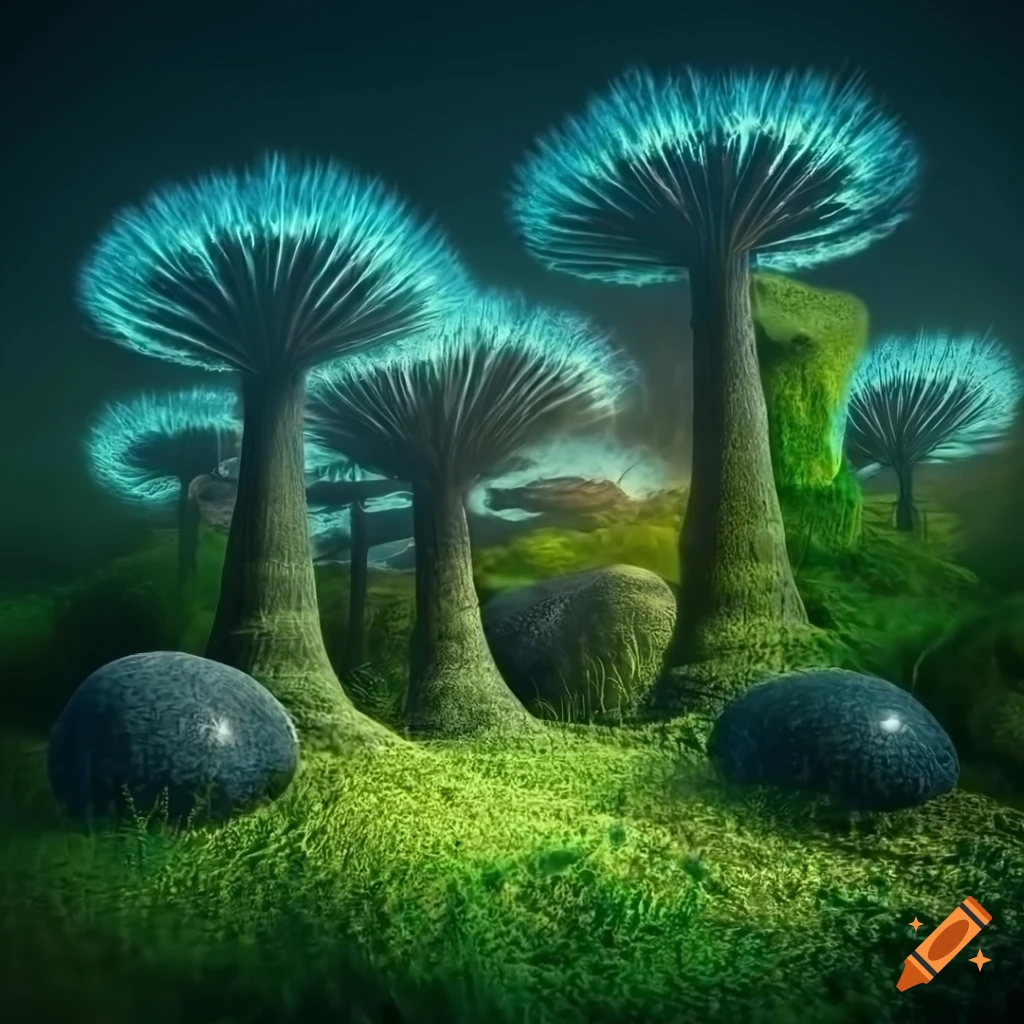Surreal 3D landscape with unique trees and glowing orbs on Craiyon