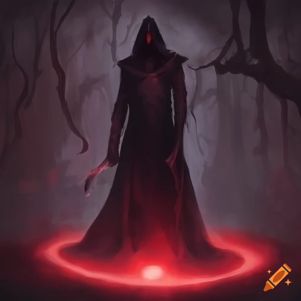 Dark fantasy art of a cloaked demon in a summoning circle on Craiyon
