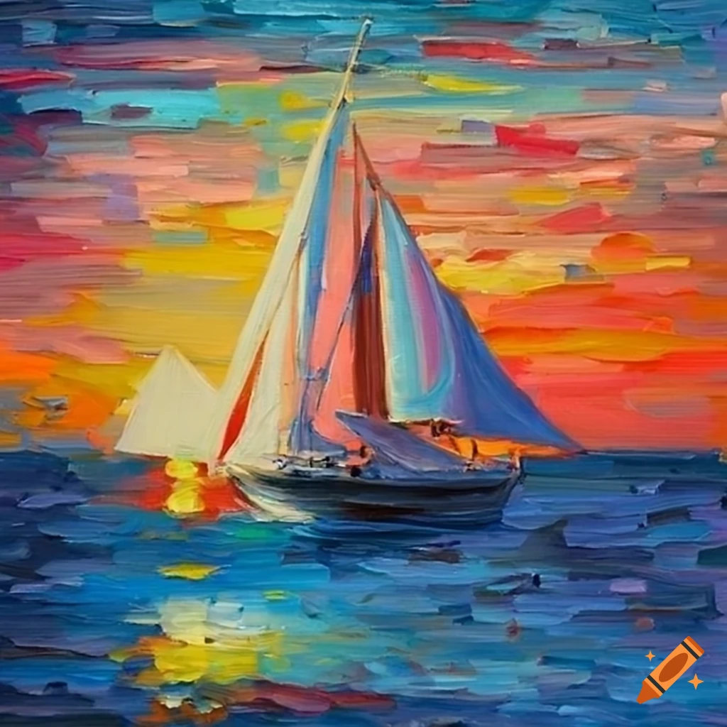 Impressionist painting of a sailing boat at dawn on Craiyon