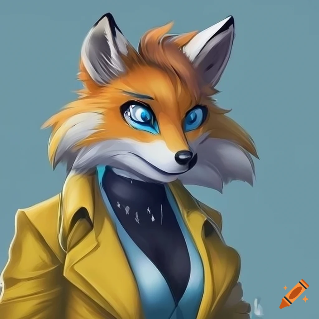Anthro fox artwork with vibrant blue eyes and yellow coat on Craiyon