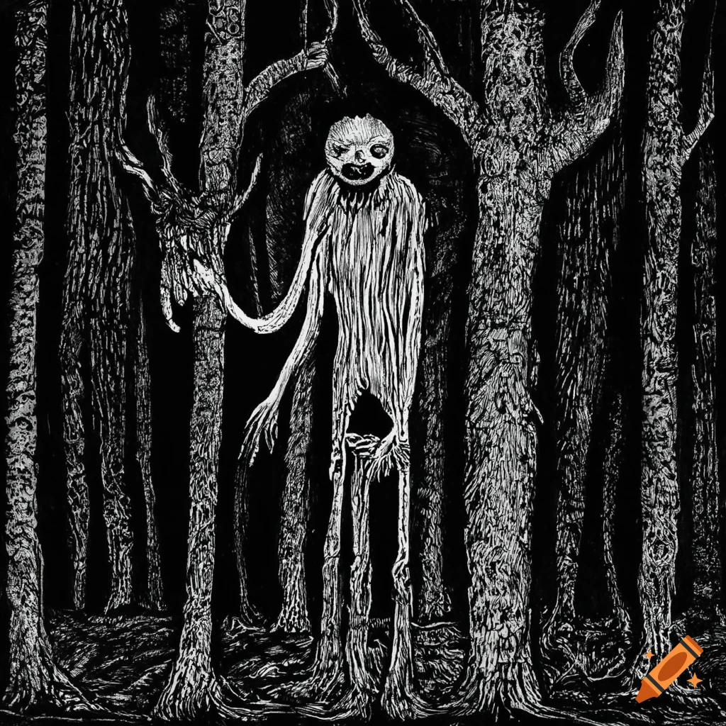 Creepy artwork of a wendigo in a forest on Craiyon