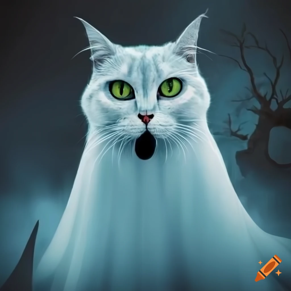 Transparent ghost cat in haunted house