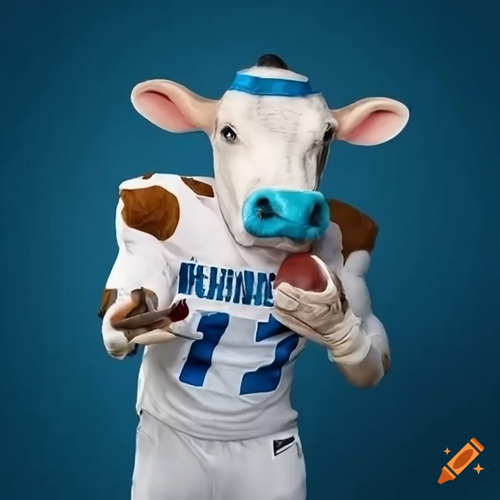 Hyper realistic cow football mascot with jersey number 27 on Craiyon