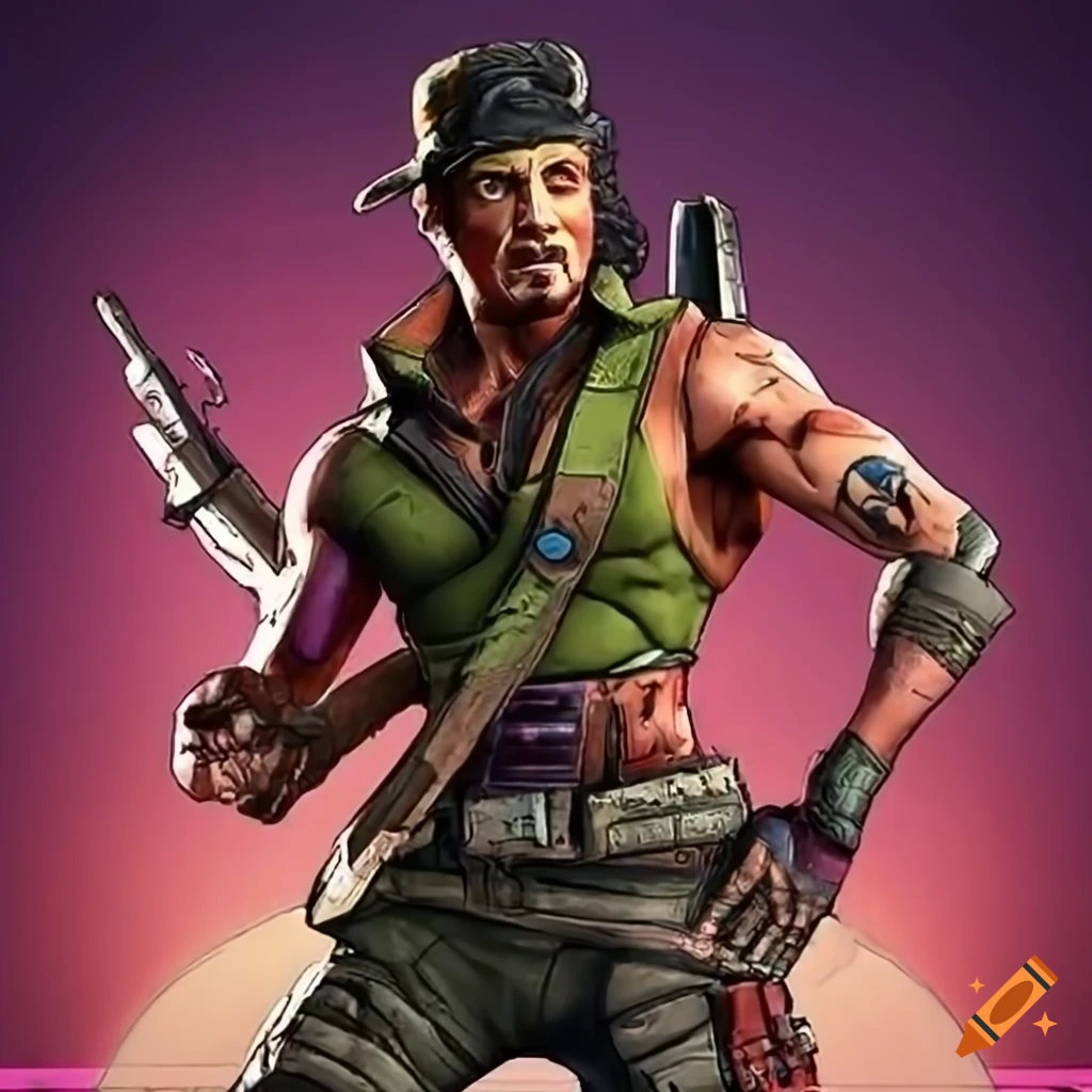 Sylvester Stallone as Rambo in Lilith Borderlands cosplay on Craiyon