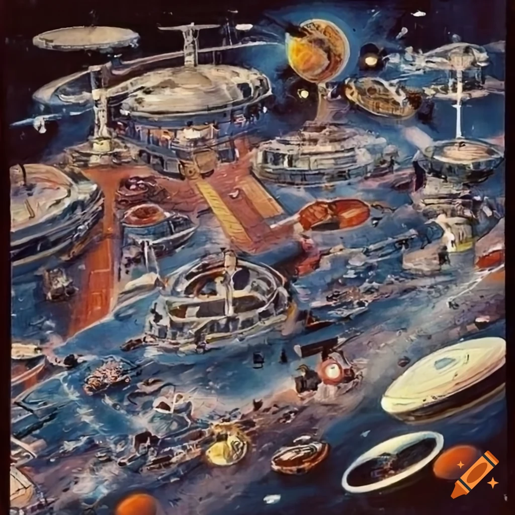 Art of a crowded spaceport station in the 70s on Craiyon