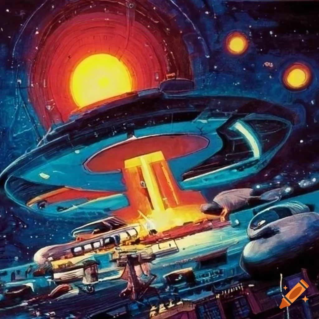 70s sci-fi spaceport artwork on Craiyon