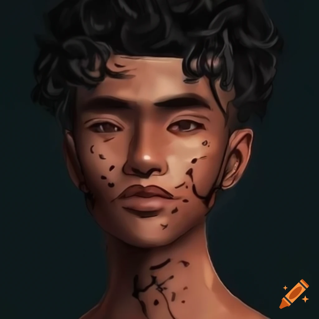 Anime-inspired male character with dark brown skin and unique hairstyle