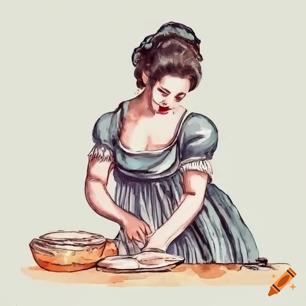 Drawing of a regency lady preparing dough for baking on Craiyon