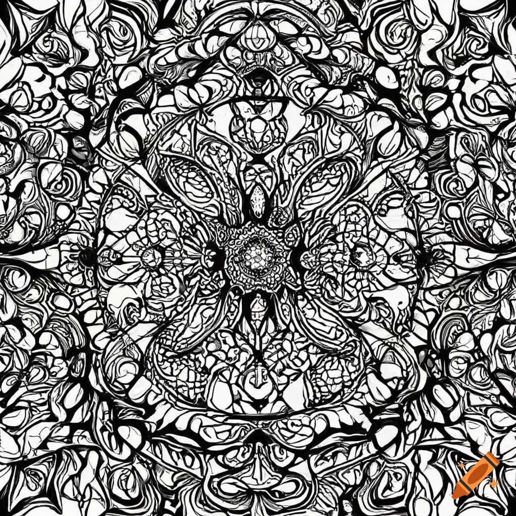 Intricate black and white coloring page with abstract patterns on Craiyon