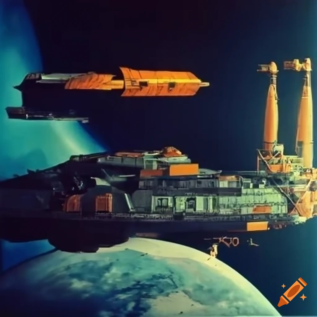 70s sci fi cargo ship at a spaceport on Craiyon