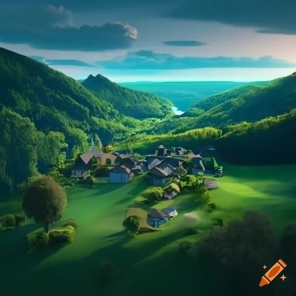 3d image of a peaceful village in the hills on Craiyon