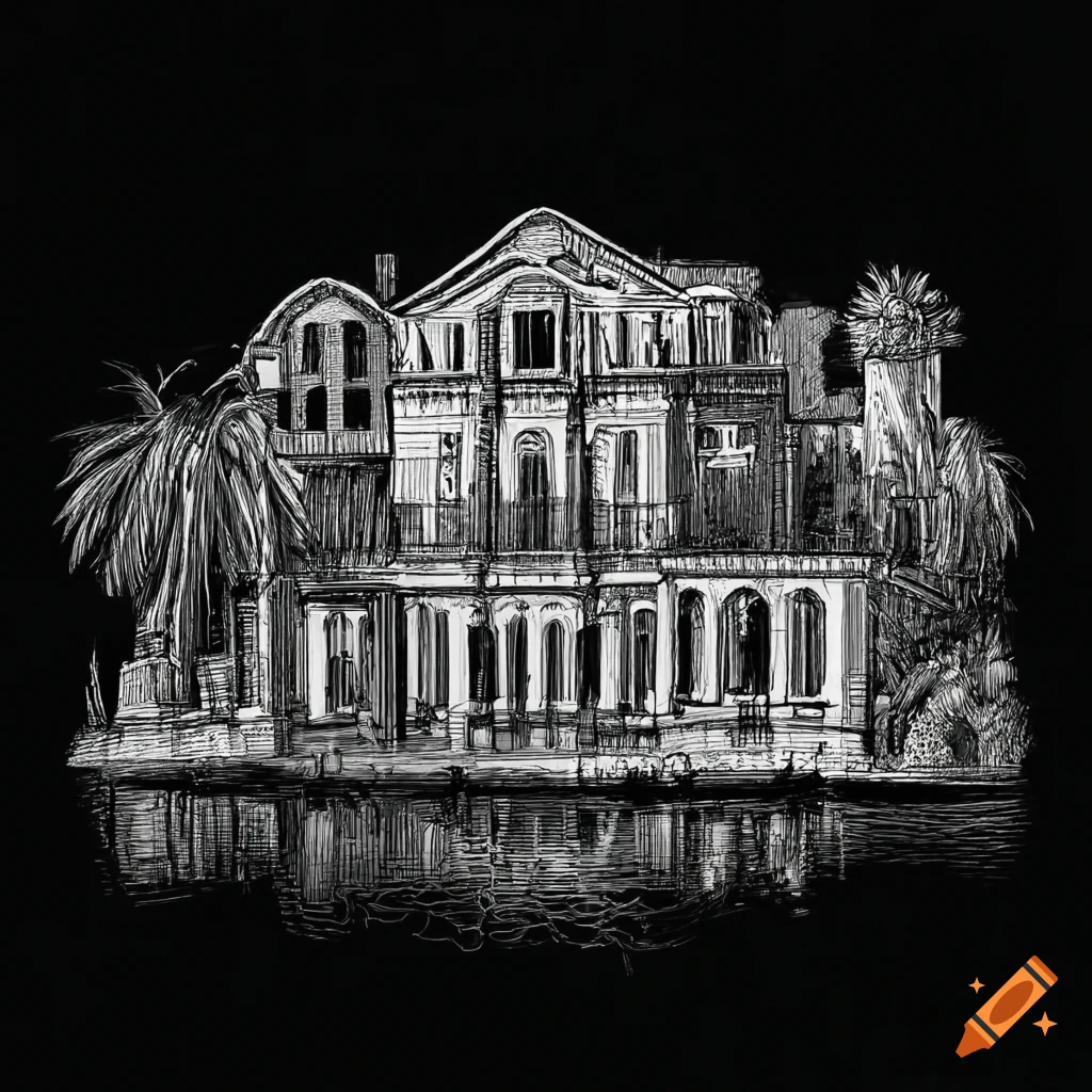 Elegant pencil sketch of fancy french riviera houses