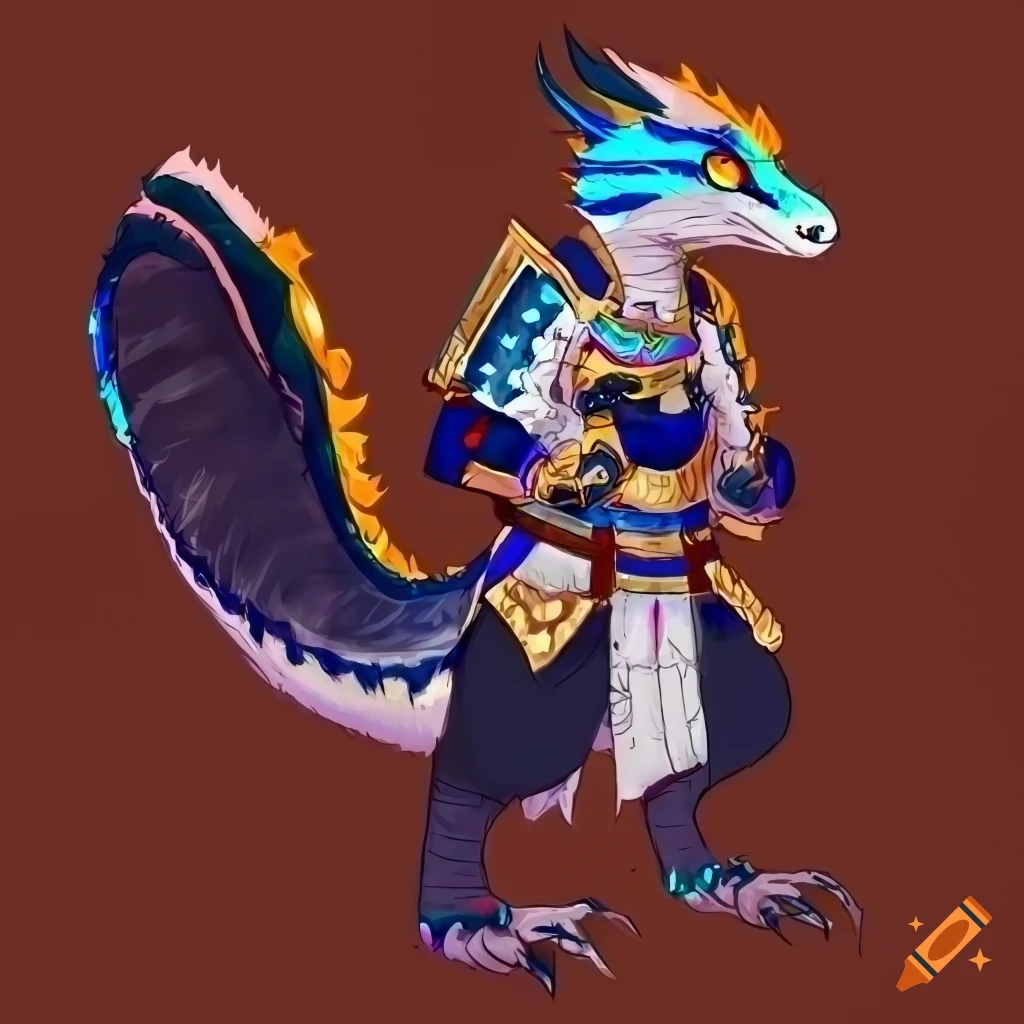 Fursona velociraptor wearing Tibetan-styled armor on Craiyon