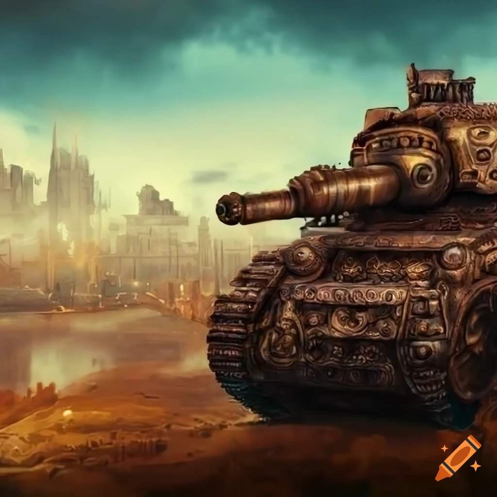 Steampunk tank with Mayan symbols and fantasy city backdrop on Craiyon