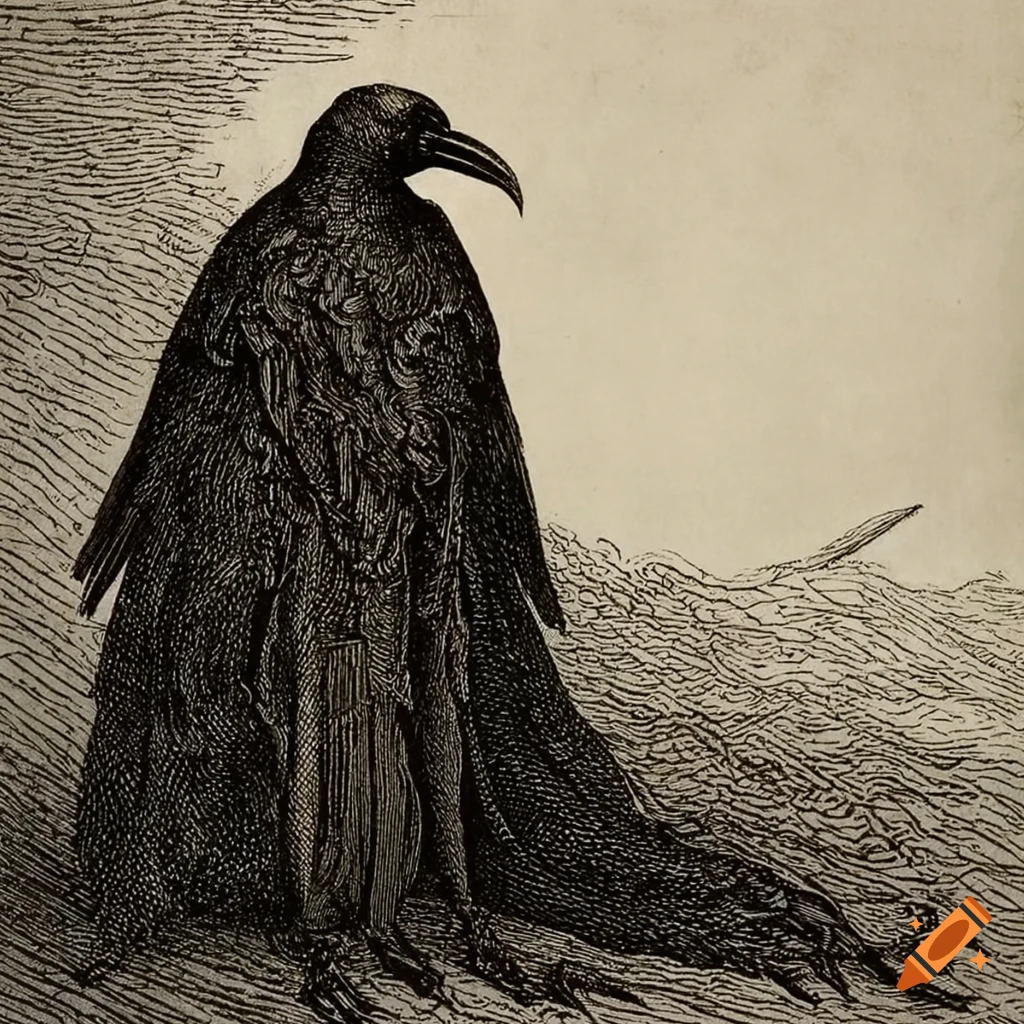 Etching of a humanoid raven with a cloak by Gustave Doré on Craiyon
