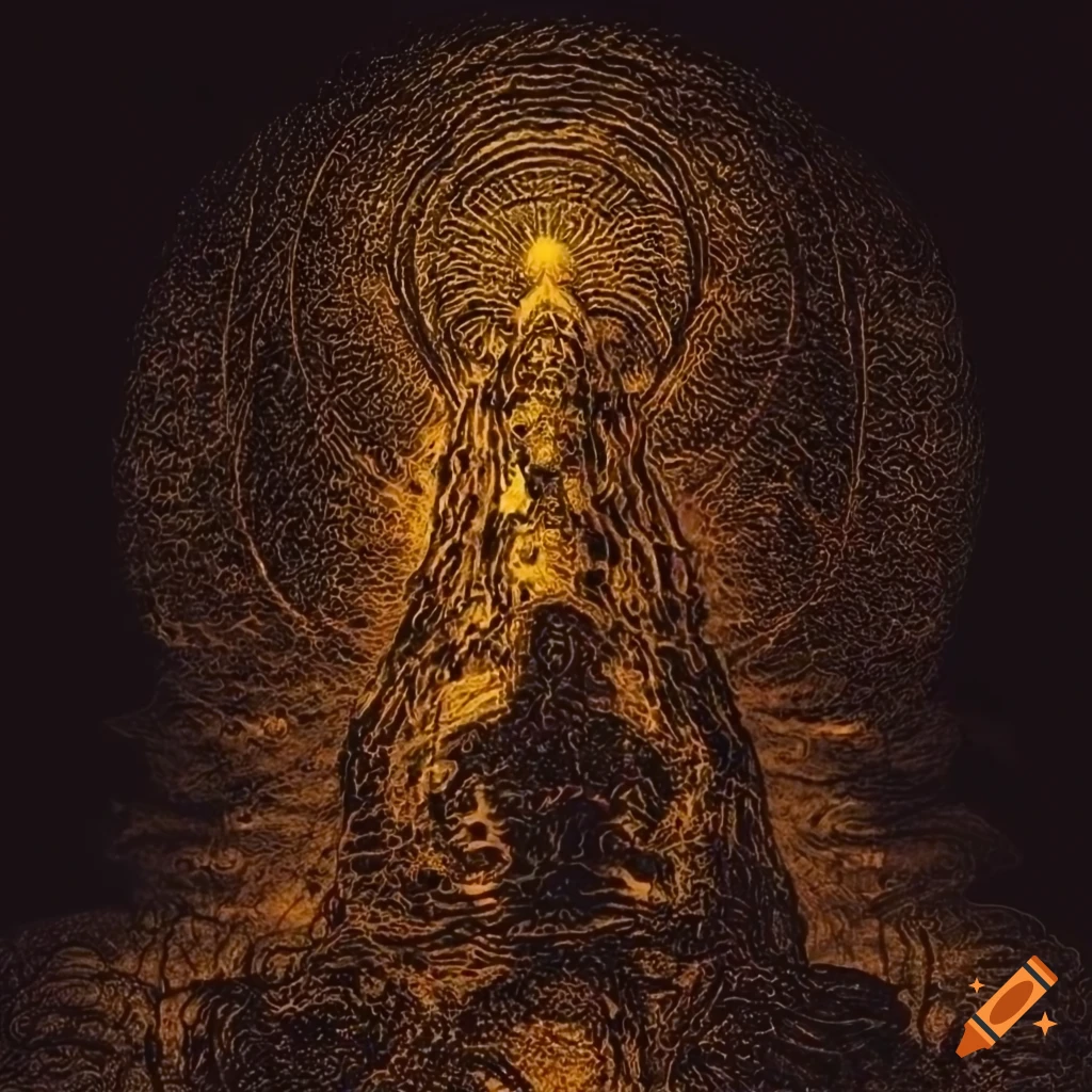 Dark esoteric cave with twisted trees and occult figures on Craiyon