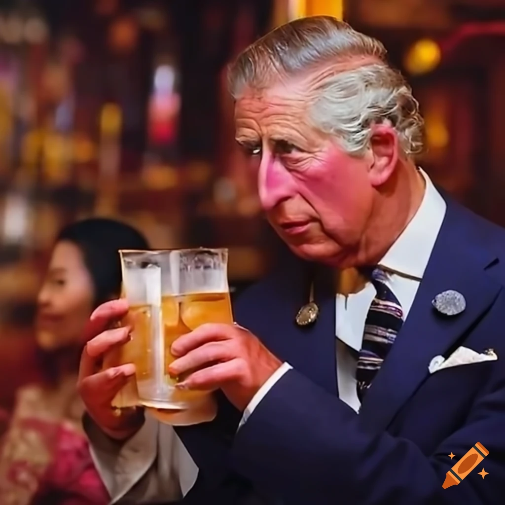 Image of Prince Charles enjoying a drink at a karaoke bar on Craiyon