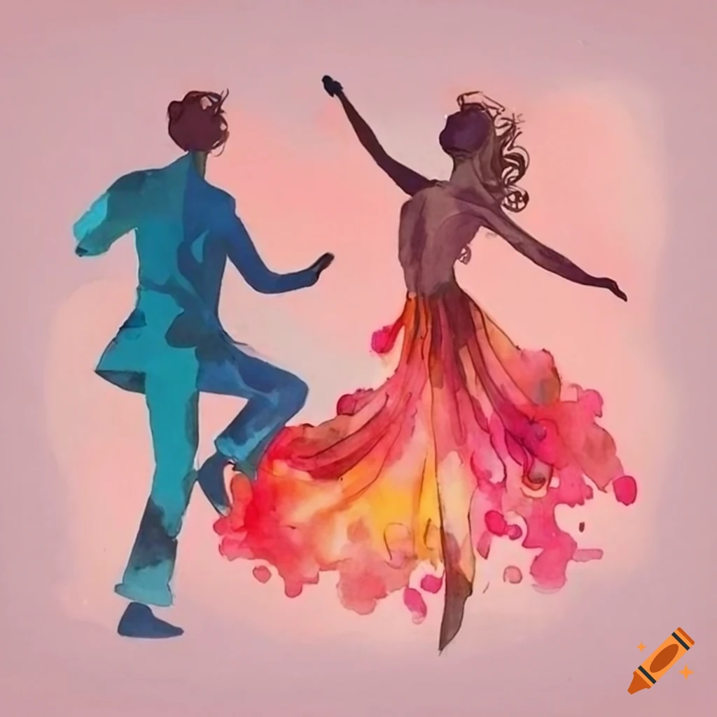 Watercolor of a couple dancing a quickstep on Craiyon
