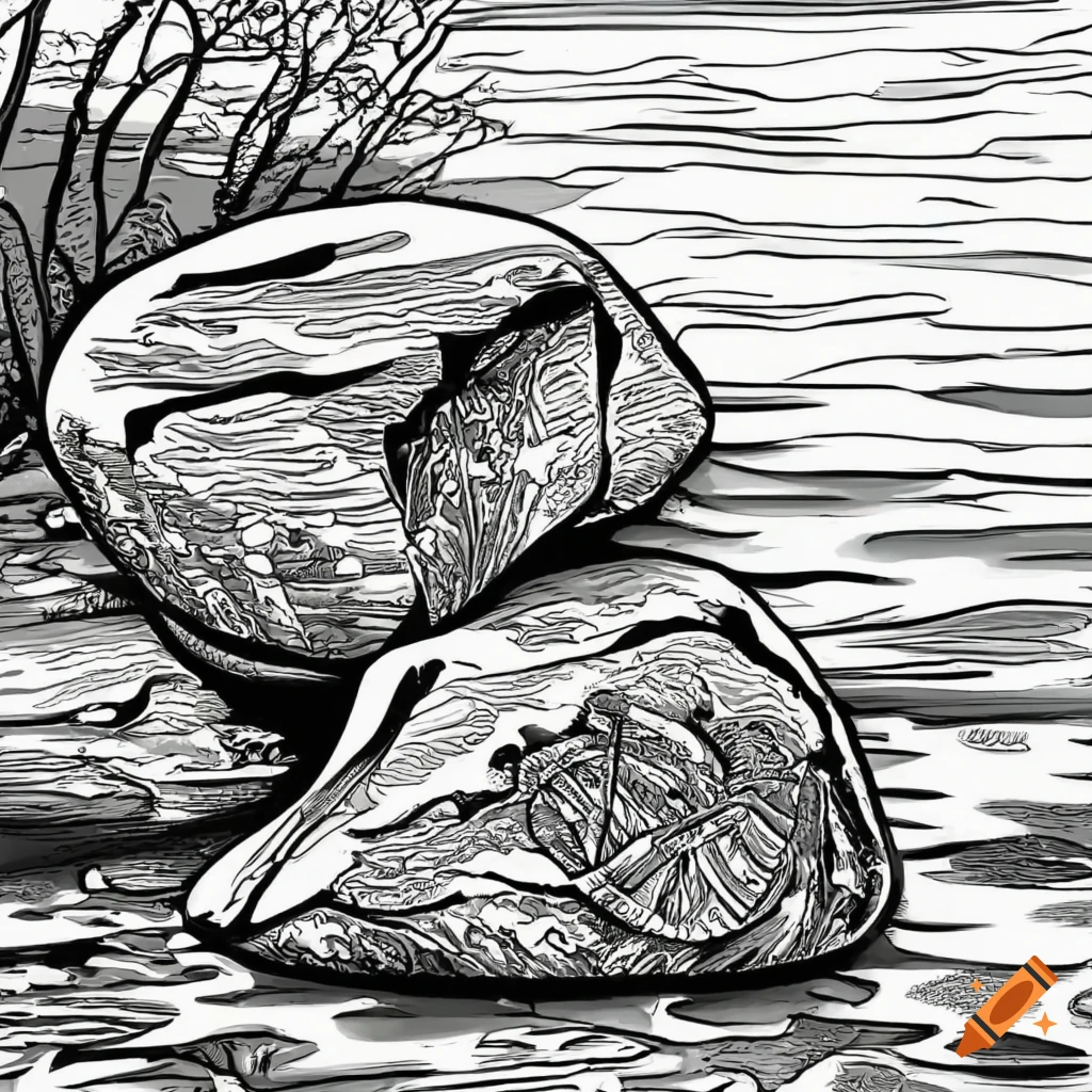 Black and white coloring page of boulders near a lake on Craiyon
