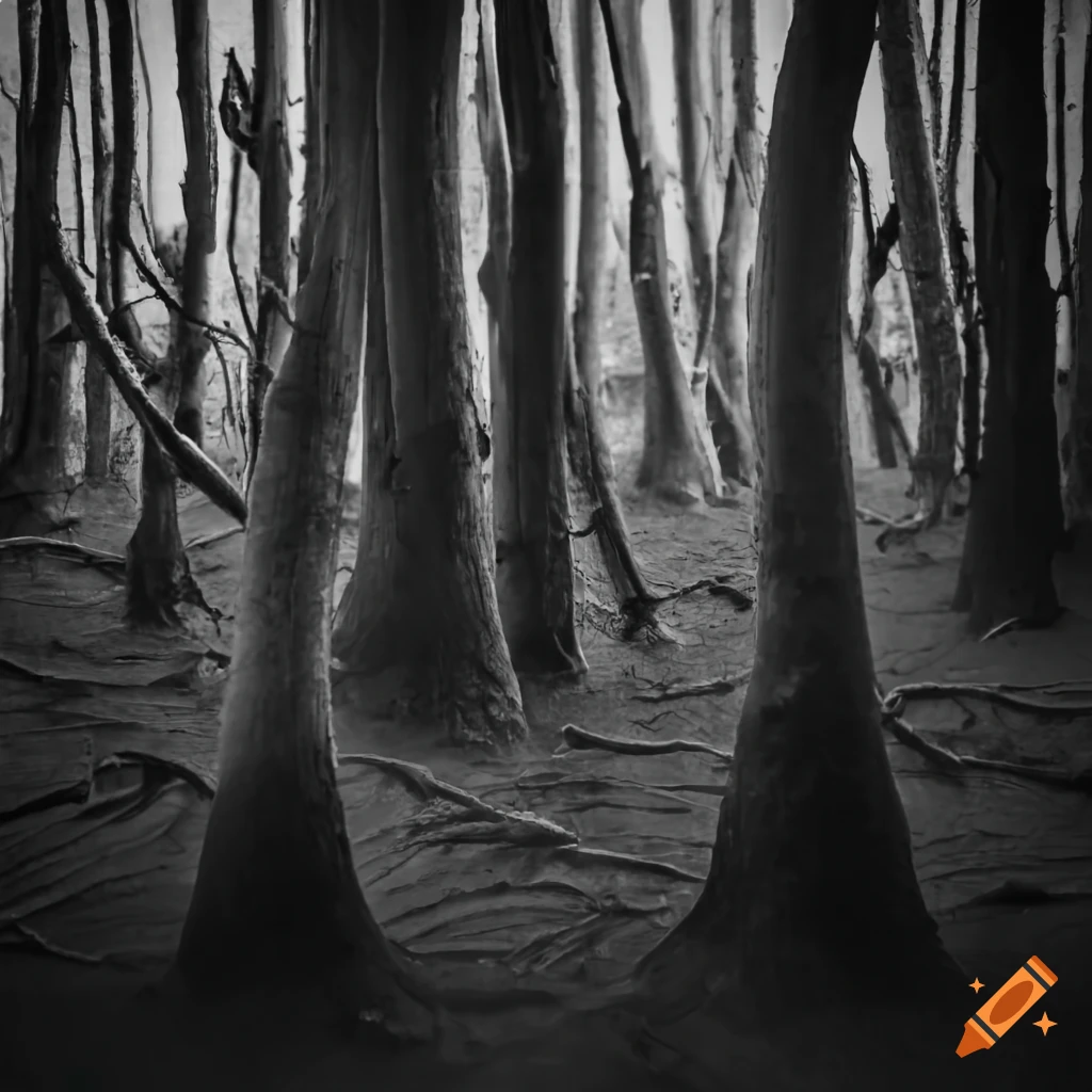 Twisted, leafless trees in an ashy forest on Craiyon