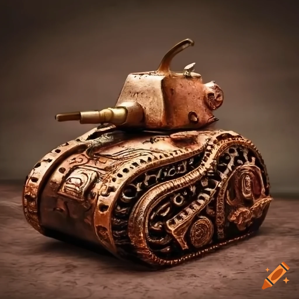 Copper and brass steampunk tank with Mayan starfish symbols on Craiyon