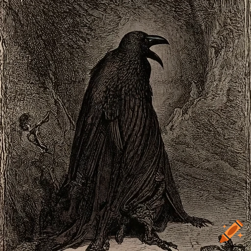 Etching of a cloaked raven by gustave doré on Craiyon