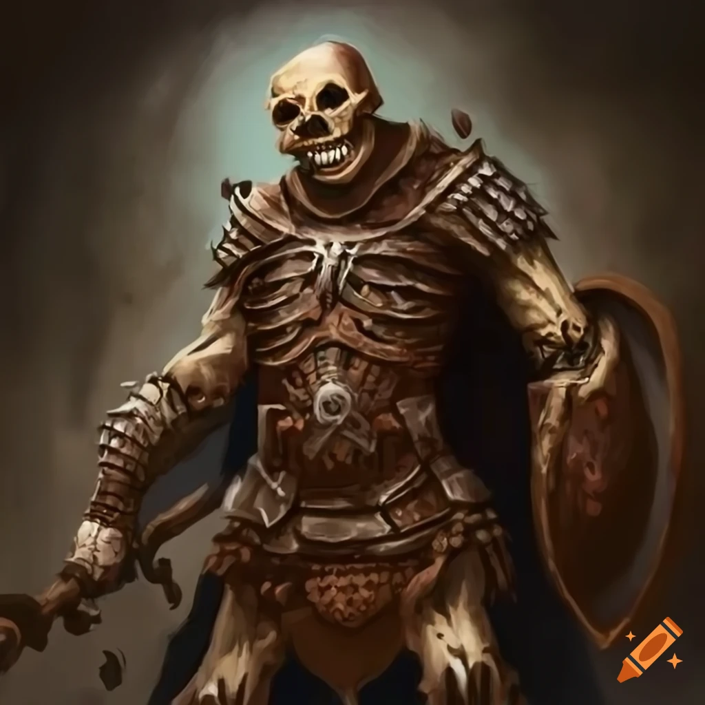 Illustration of a skeleton warrior in rusty armor on Craiyon