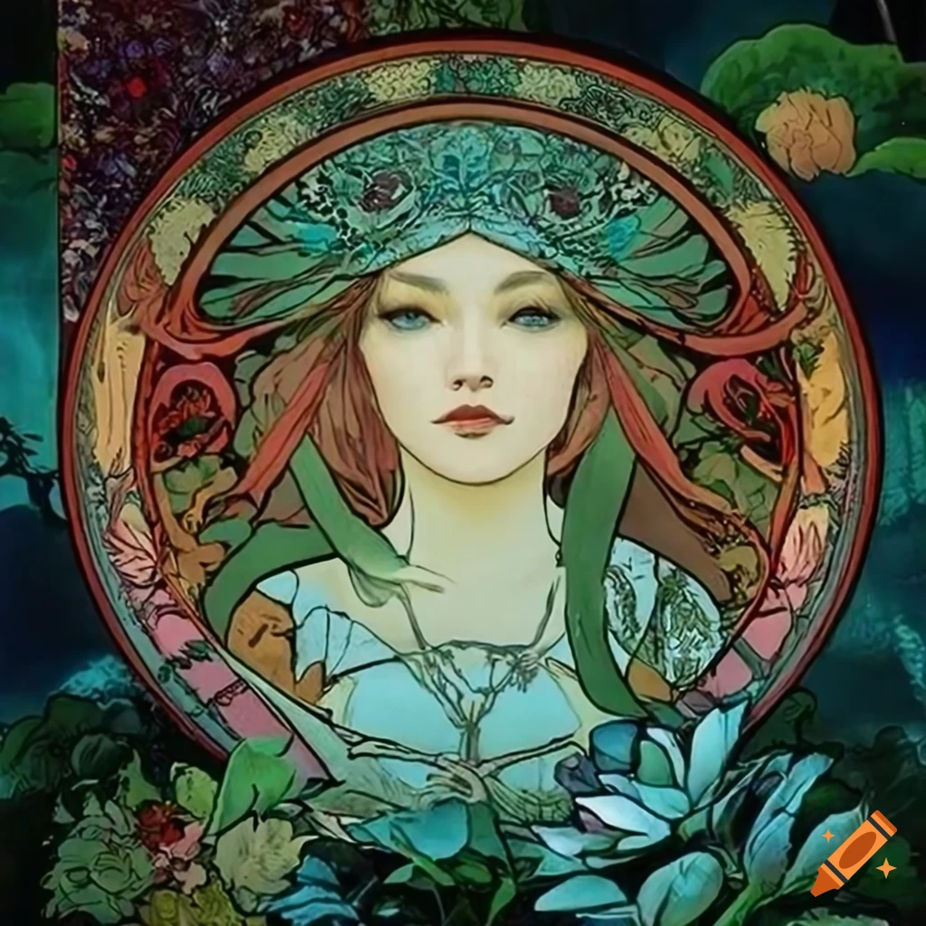 Night scene inspired by Alphonse Mucha's botanical art on Craiyon