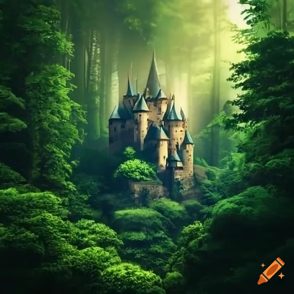 Castle surrounded by lush forest on Craiyon