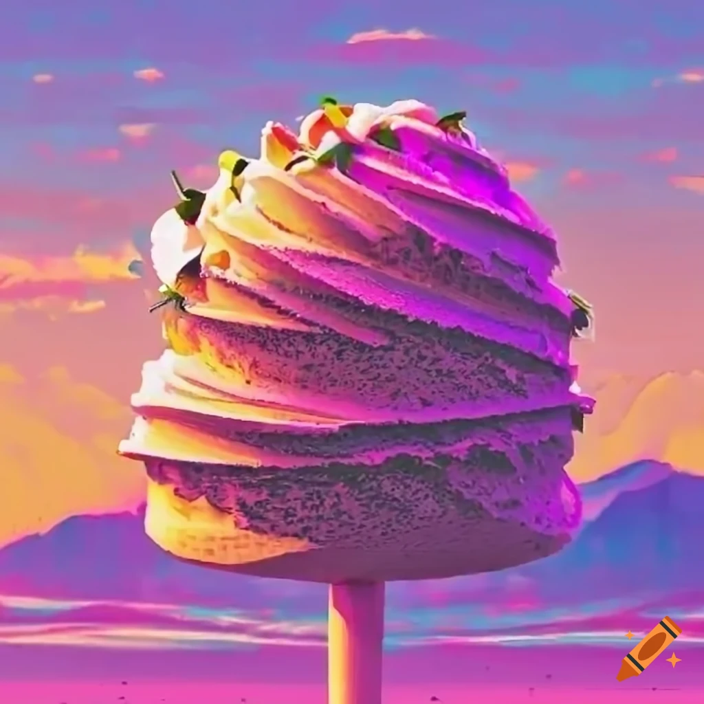 Sunset with vaporwave aesthetics and strawberry ice cream on Craiyon