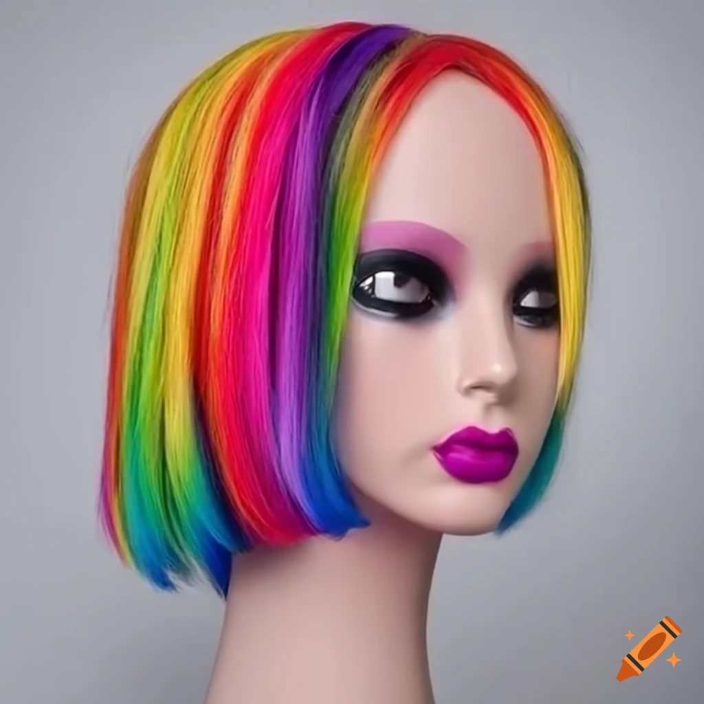 Dramatic rainbow bob hairstyle on a mannequin on Craiyon