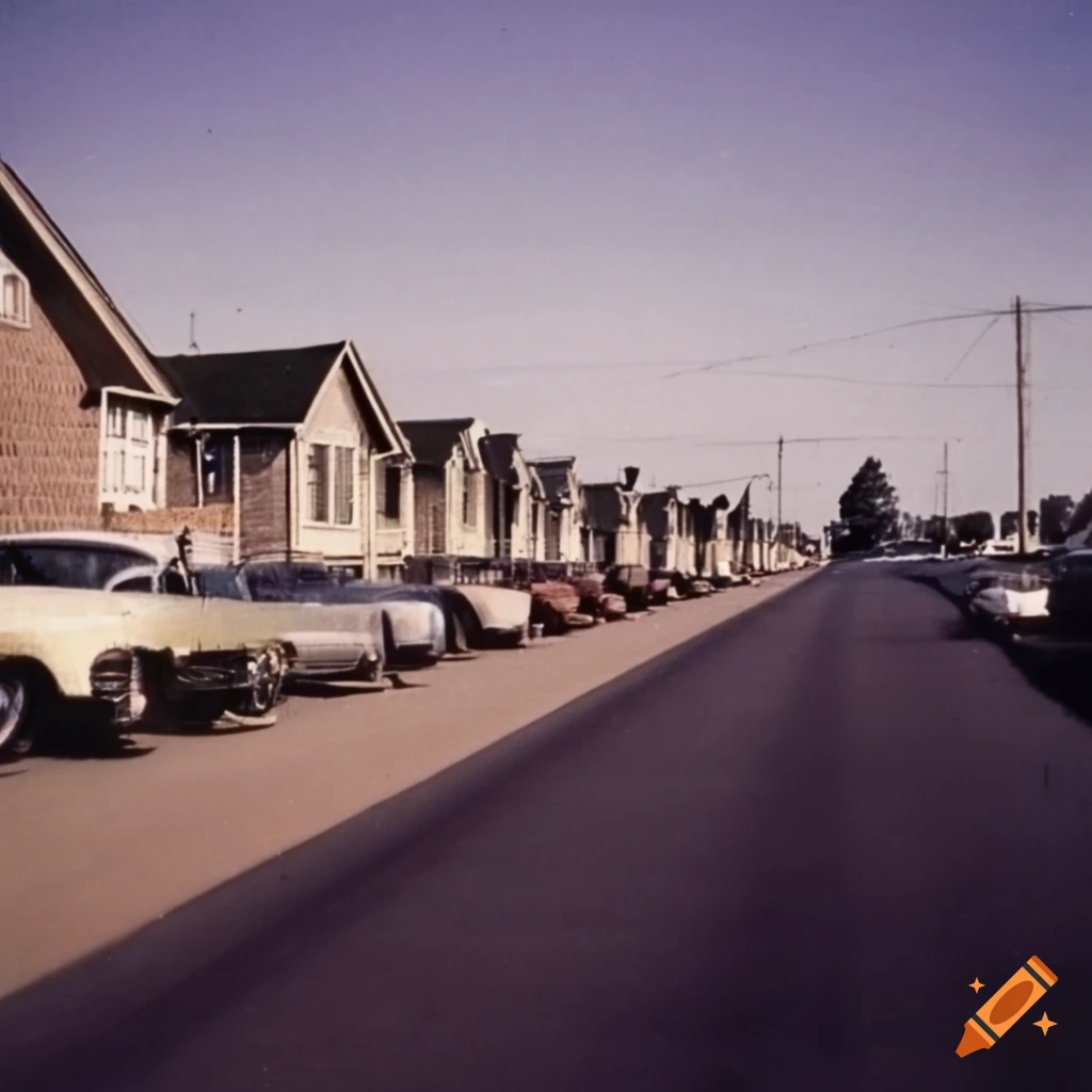 Vintage photograph of suburban houses and cars on a sunny day on Craiyon