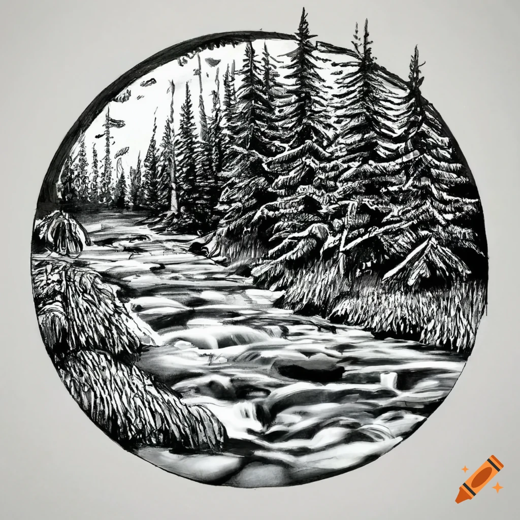 Ink drawing of a stream in a pine forest on Craiyon