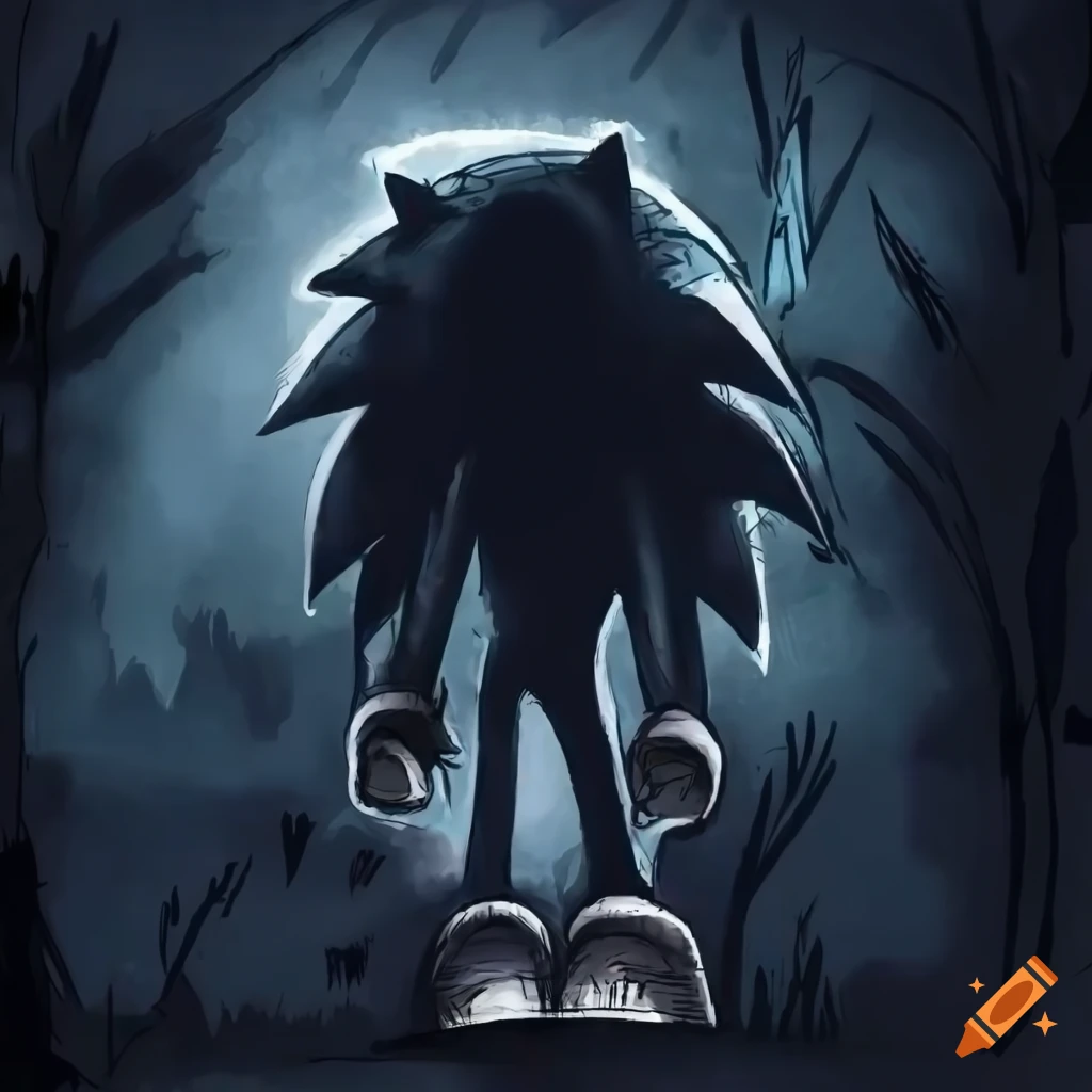 Illustration of a sad sonic exe in a grey landscape on Craiyon