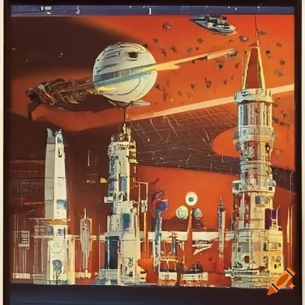70s sci-fi trading spaceport station art on Craiyon