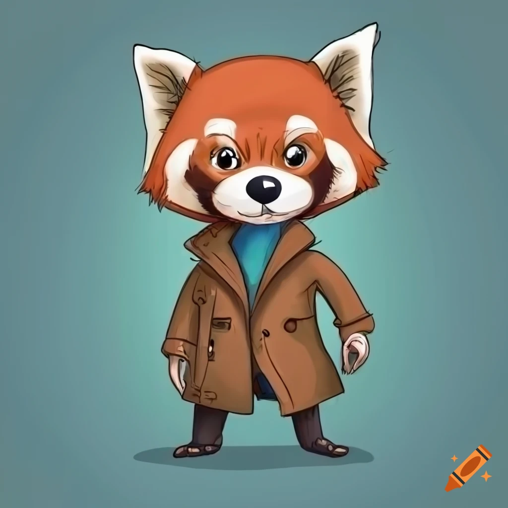 Cartoon drawing of a chubby red panda in a trench coat and fedora on ...