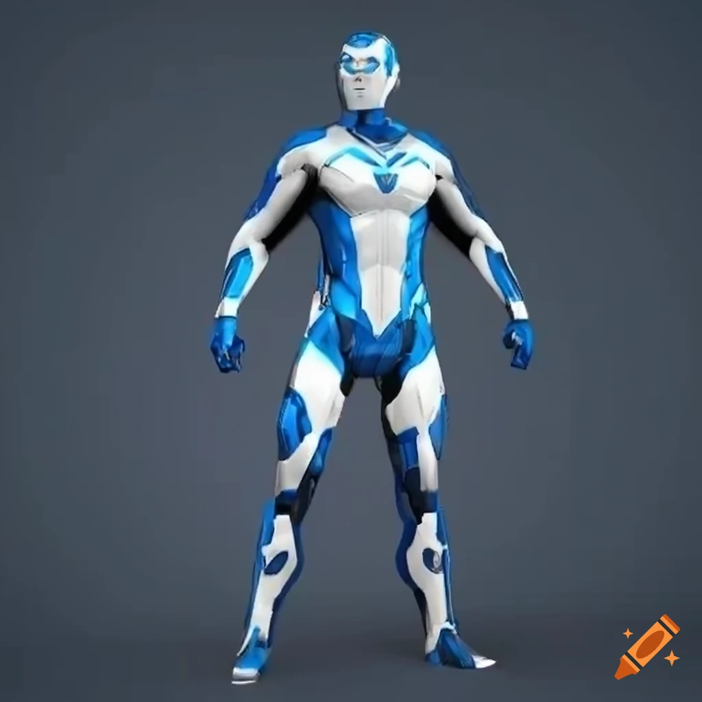 Blue and white futuristic superhero suit in a video game on Craiyon