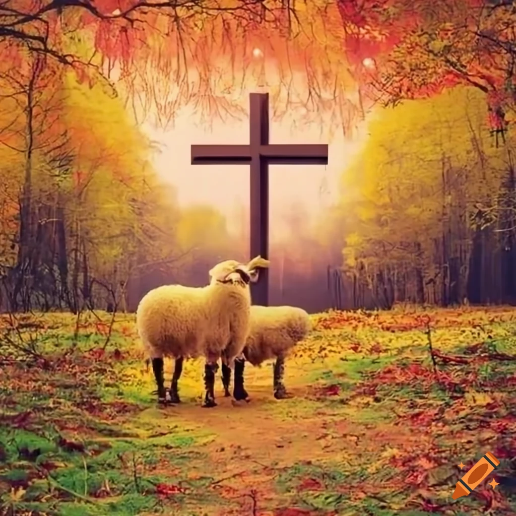 Fall background with a Christian cross and lambs on Craiyon