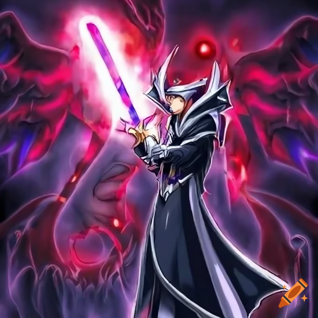 Illustration of an evil magician in dark robe wielding a sword on Craiyon