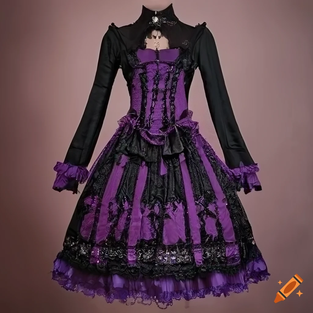 Elegant gothic Lolita dress with purple lace and silver details on Craiyon