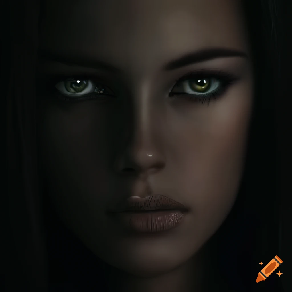 Photorealistic portrait of a woman with black hair and green eyes on ...