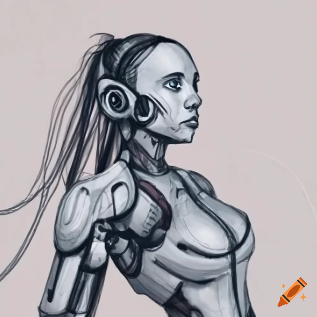 Cyberpunk artwork of a female robotic humanoid suspended by wires on ...