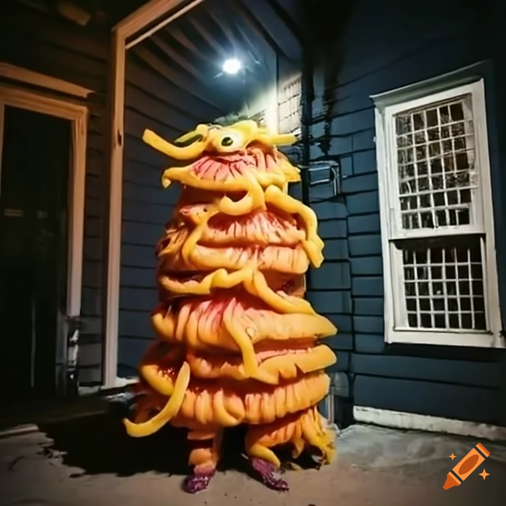Image of a giant pasta monster on a front porch