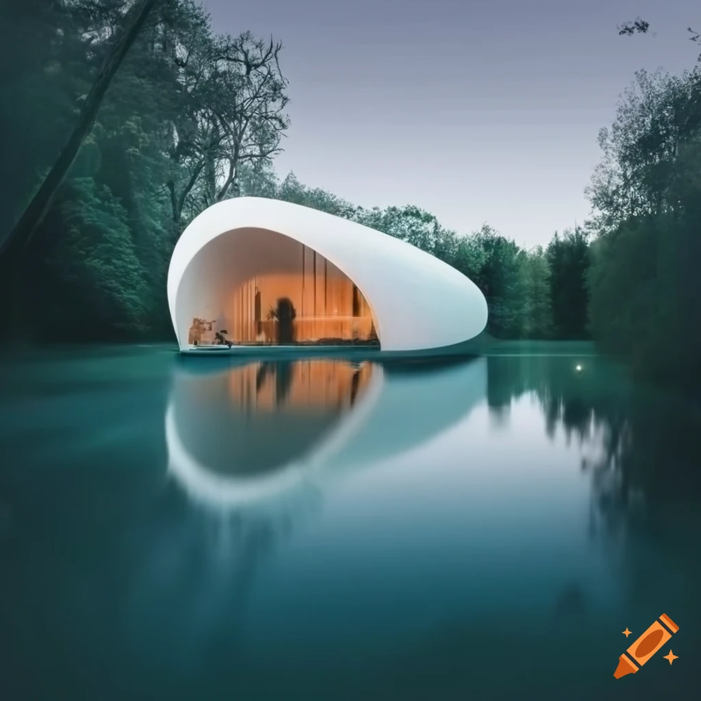 Modern house igloo with arches on a pond on Craiyon