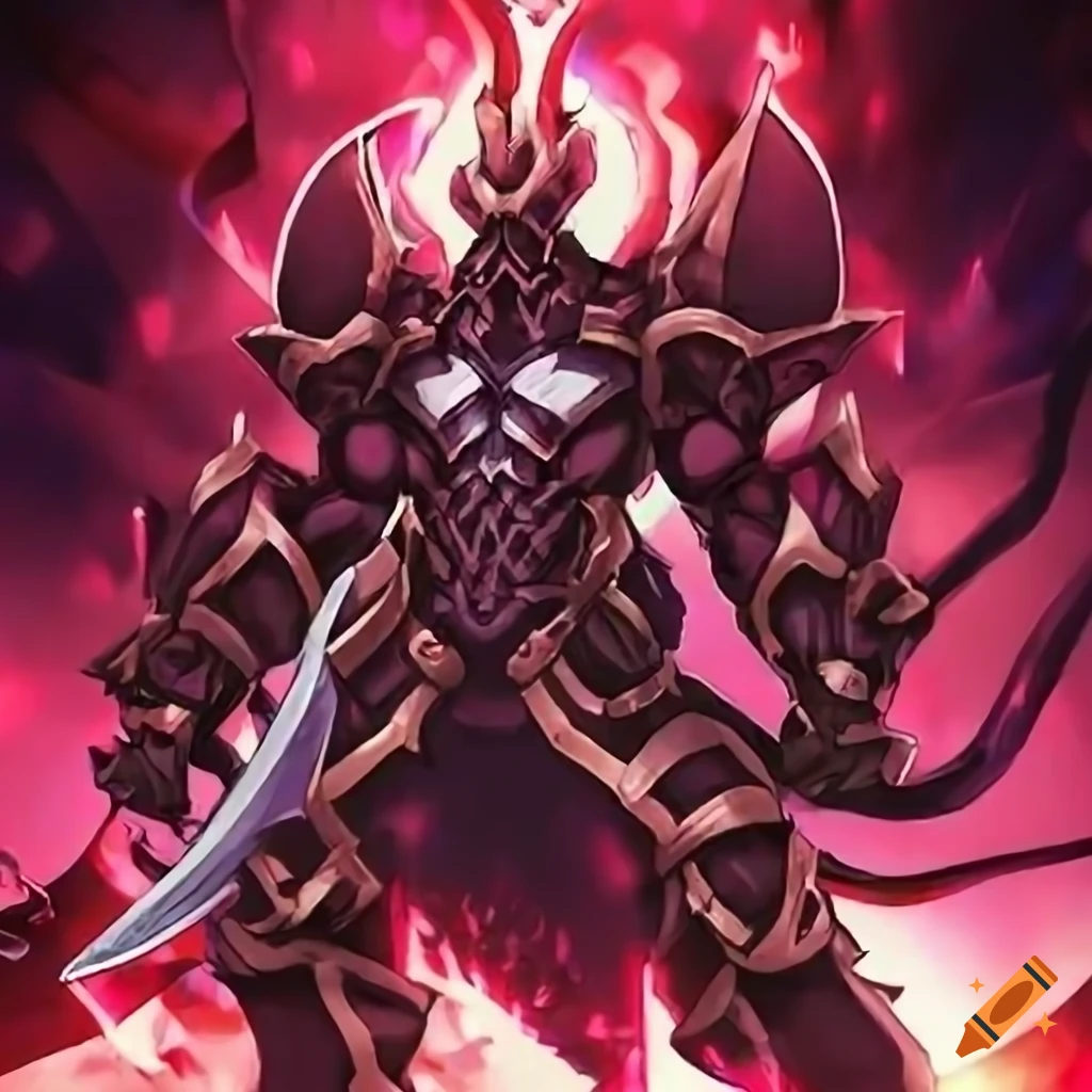 Yugioh style artwork of a powerful warrior with a sword and red magic ...